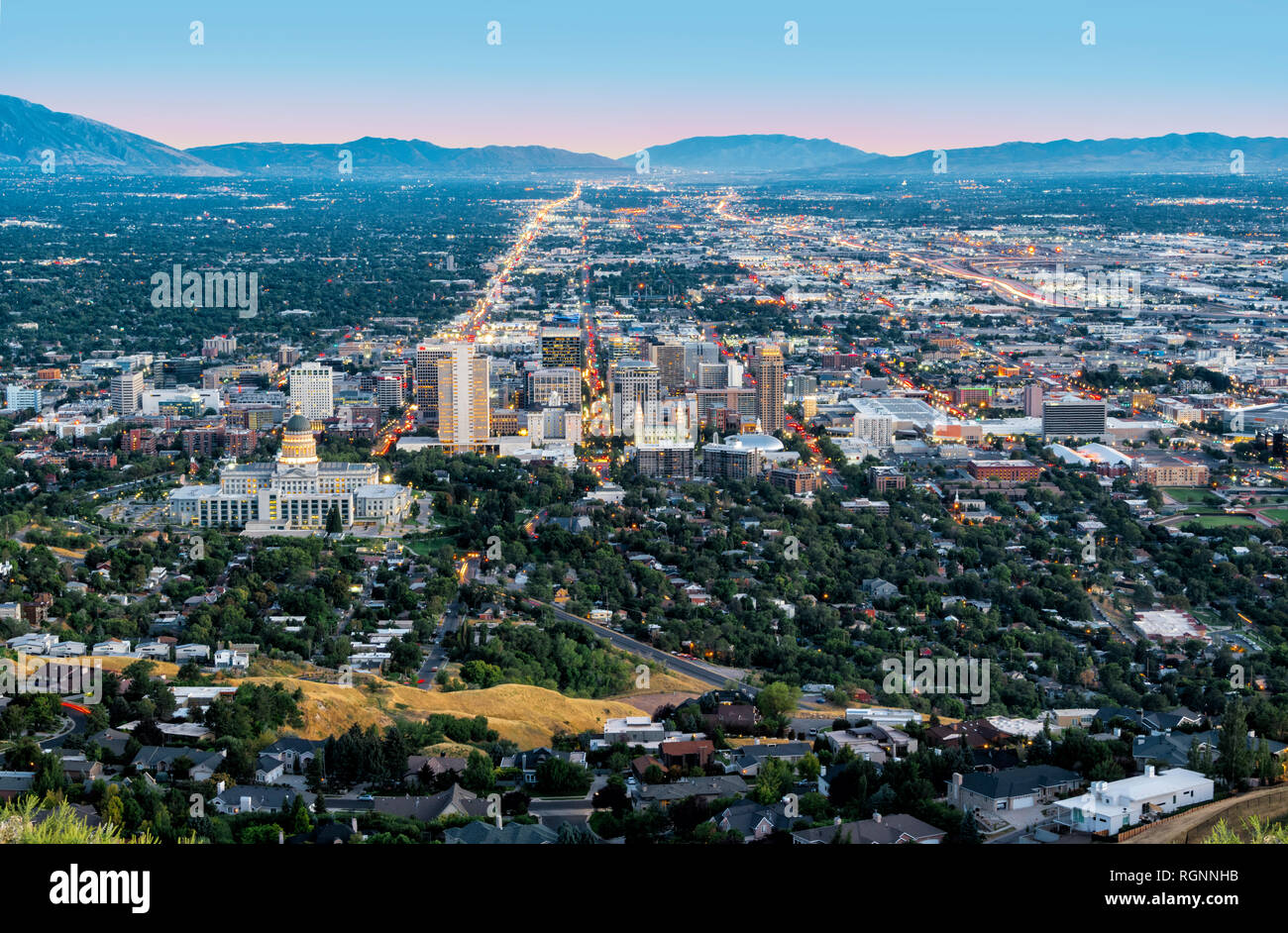 Salt Lake City downtown landmarks illuminated dusk panorama Utah USA ...