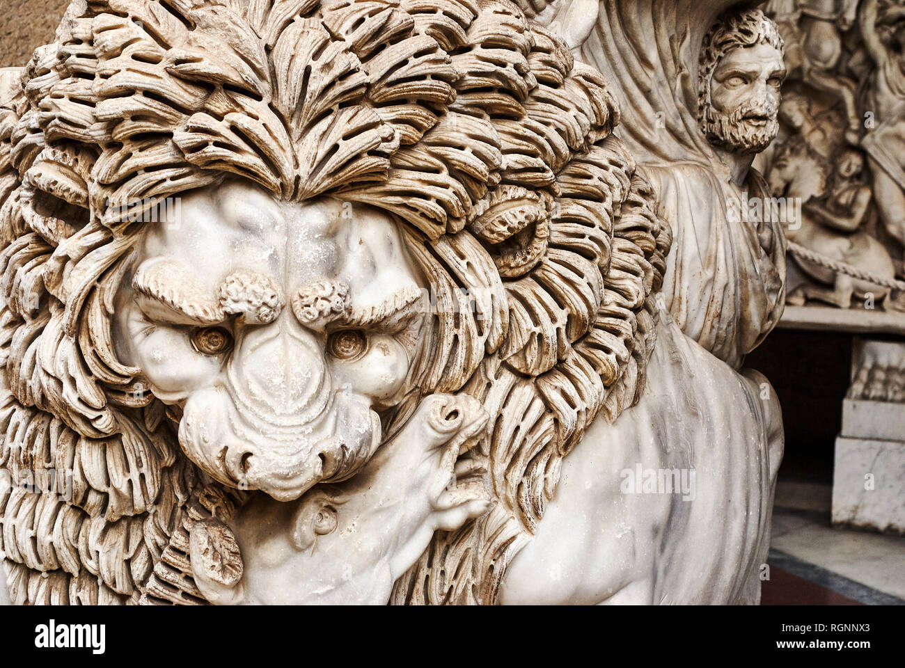 Marble sculpture of lion close-up. Fragment antique roman sculpture in ...