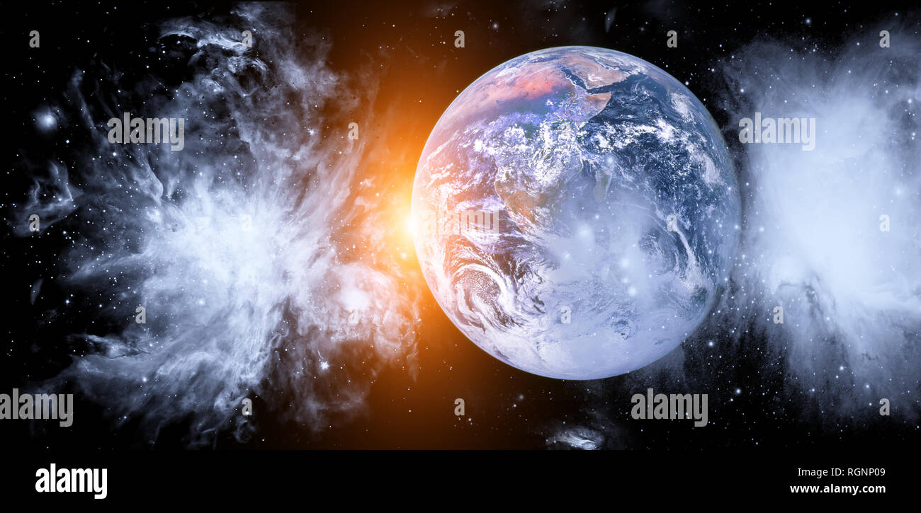 Planet Earth and sunlight from the space. Solar system. Cosmic ...