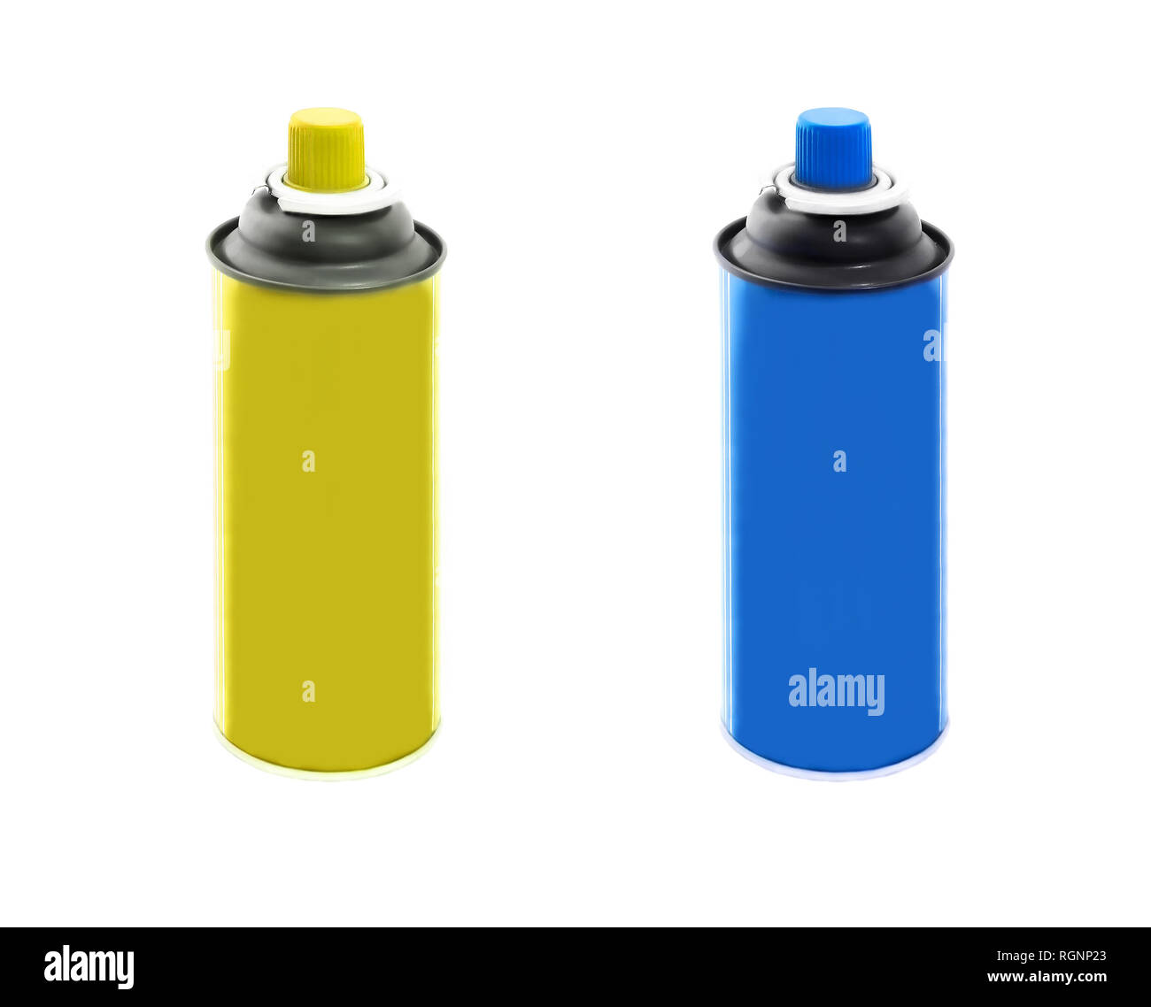 Set of blue and yellow plastic containers isolated on white background ...