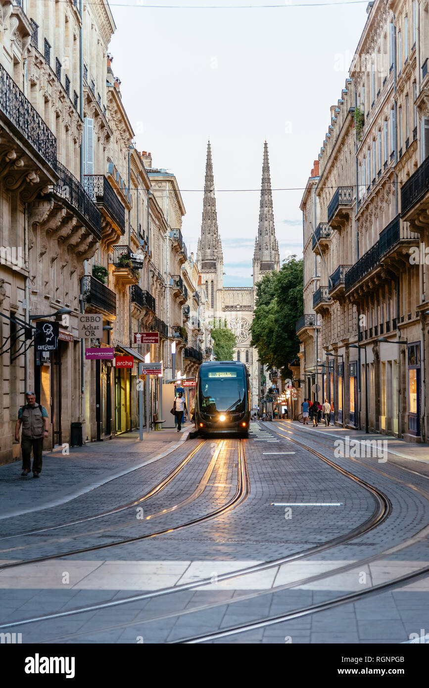 Bordeaux, France - July 22, 2018: Tramway in street in historic centre ...