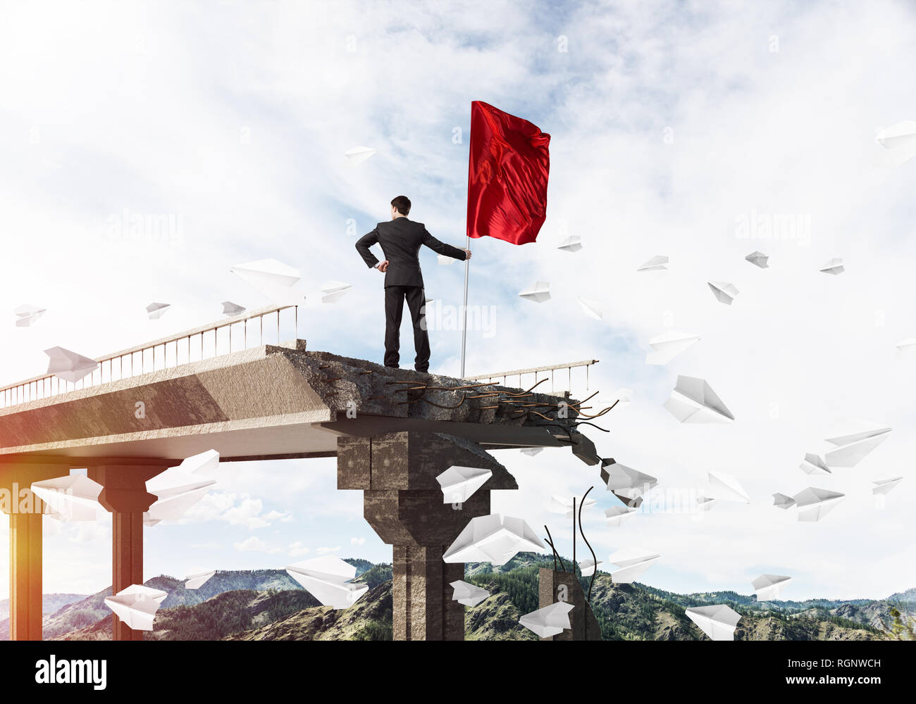 Man with flag presenting leadership concept Stock Photo - Alamy