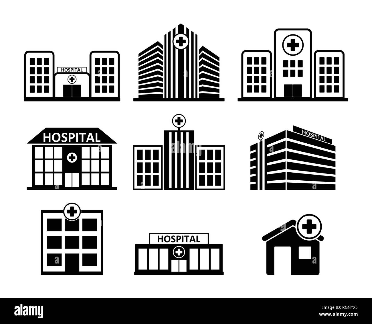 Hospital building icon set in black on white background Stock Vector ...