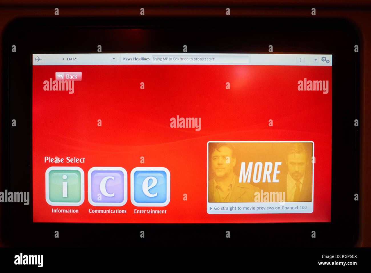 DUBAI, UAE - CIRCA NOVEMBER 2016: close up shot of a seat-back screen ...