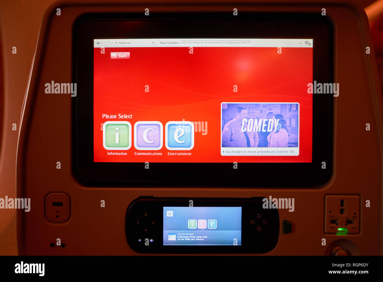 DUBAI, UAE - CIRCA NOVEMBER 2016: close up shot of a seat-back screen ...