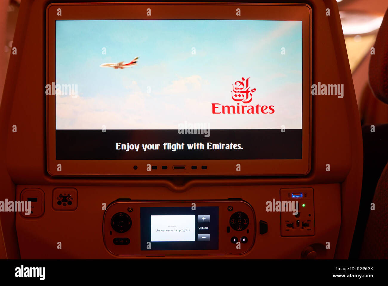 DUBAI, UAE - CIRCA NOVEMBER 2016: close up shot of a seat-back screen ...