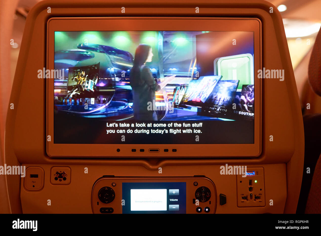 DUBAI, UAE - CIRCA NOVEMBER 2016: close up shot of a seat-back screen ...