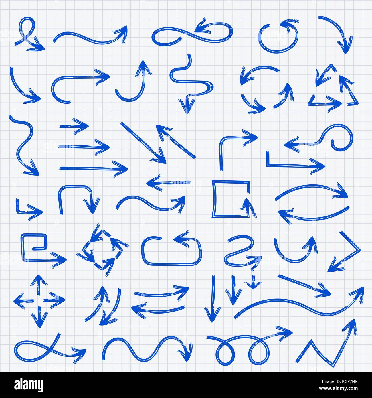 Blue arrows. Hand drawn with marker pen on lined paper background Stock ...