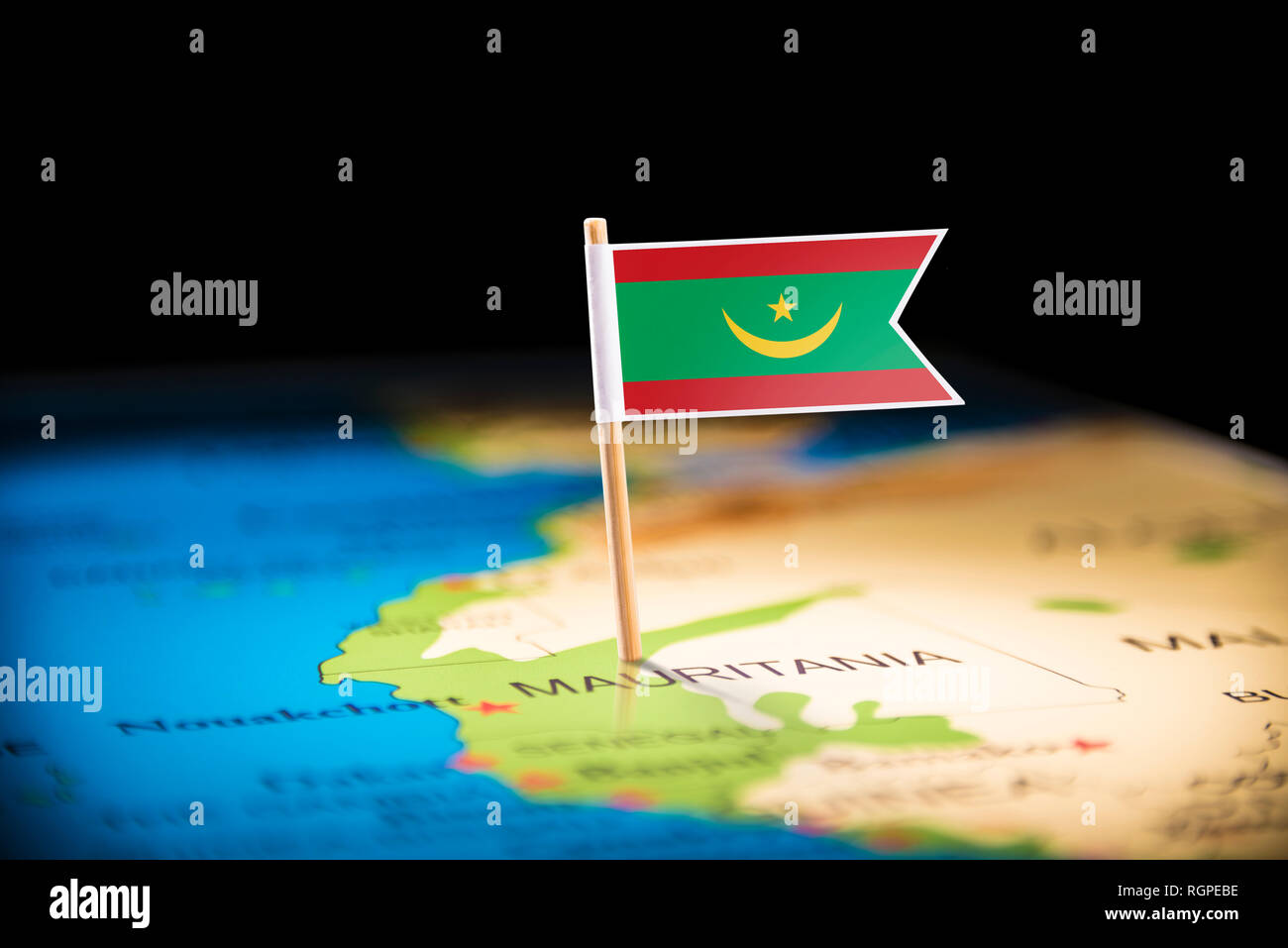 Mauritania marked with a flag on the map Stock Photo - Alamy
