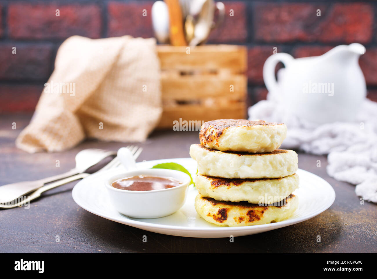 Traditional russian breakfast fried cottage cheese. Top view cheese ...