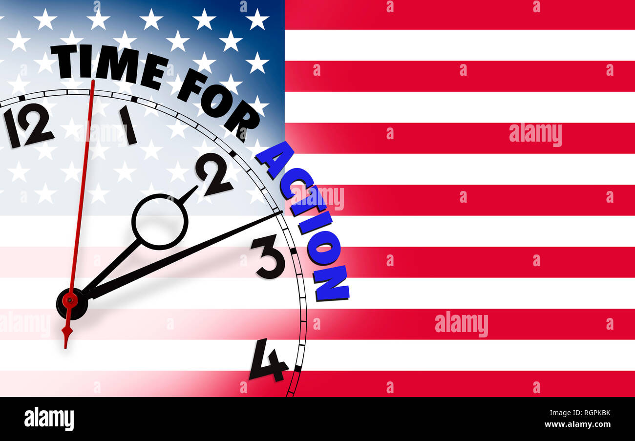 Clock with time for action against US flagged background. Shutdown ...