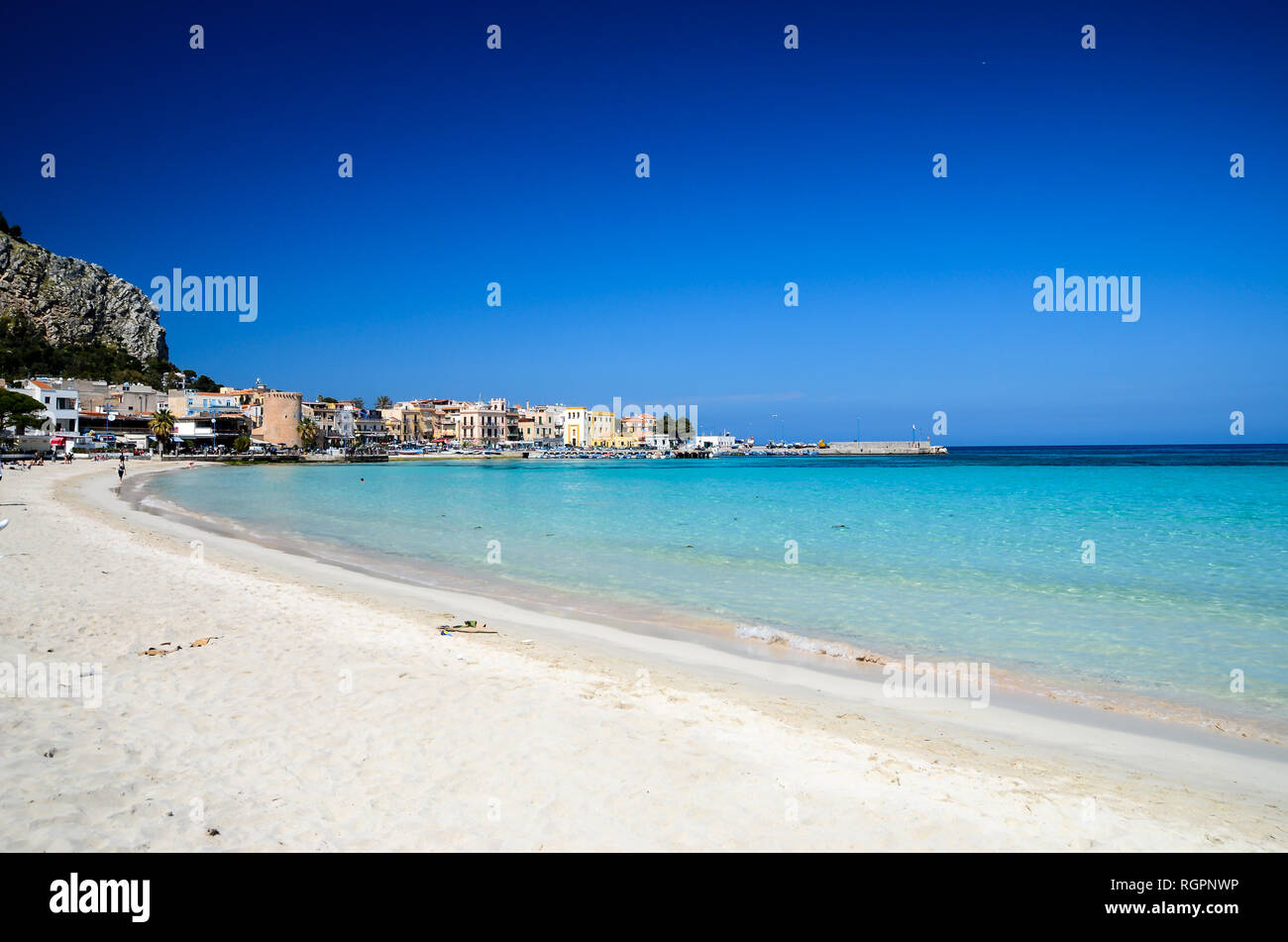 Crystal clear turquoise sea water at Mondello Beach, Palermo, Sicily ...