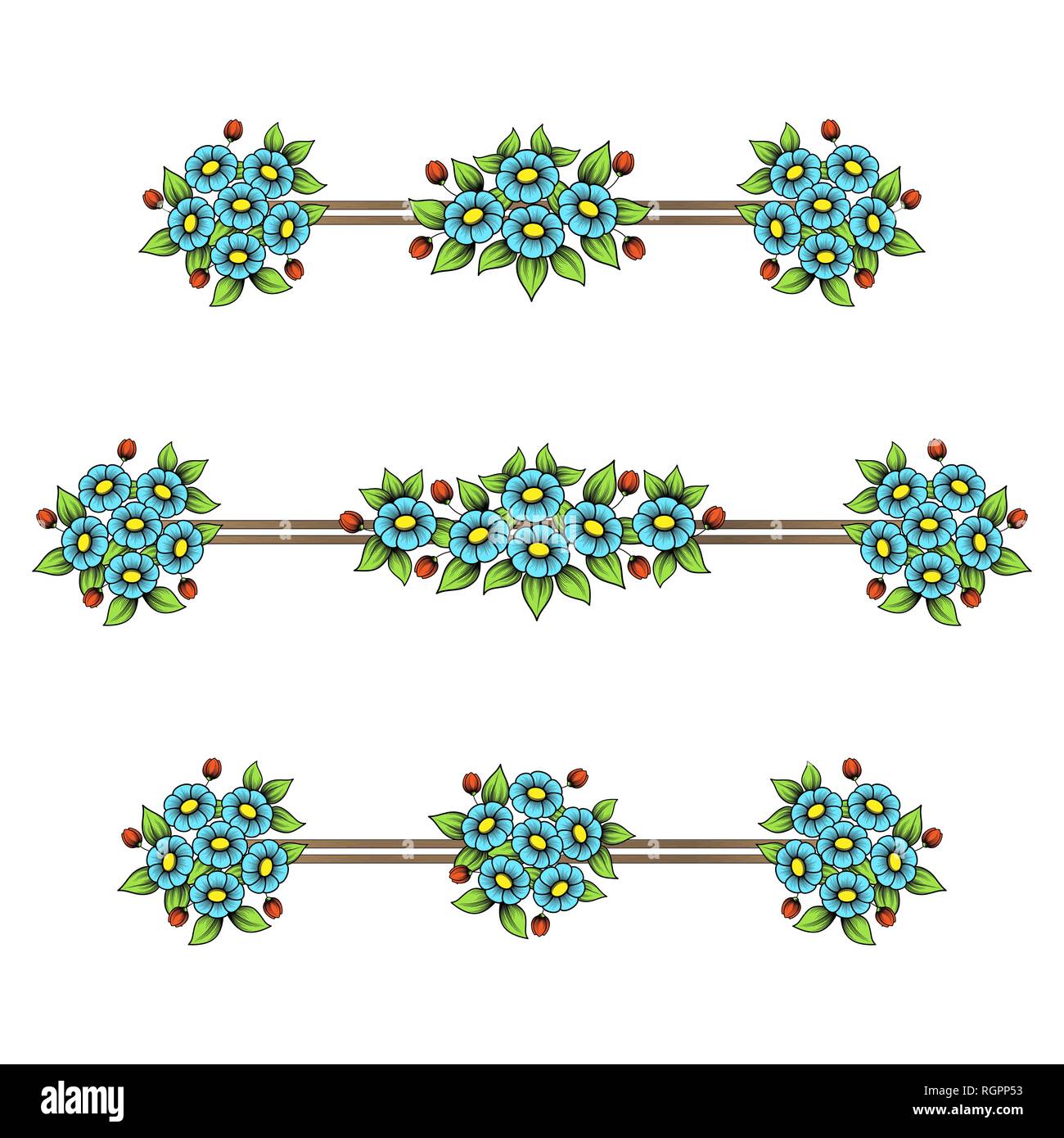 Set of three floral horizontal elements with daisies isolated on white ...