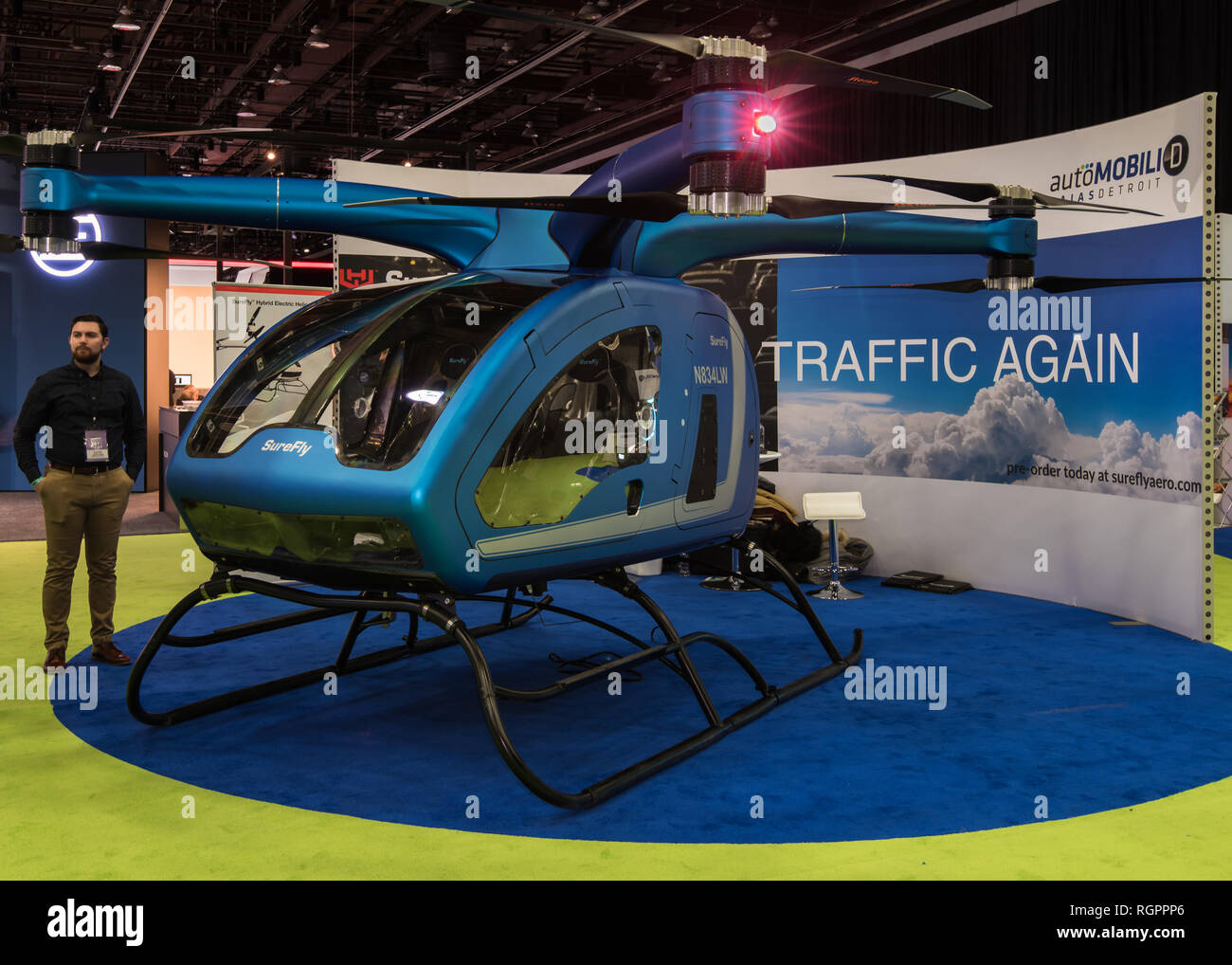 DETROIT, MI/USA - JANUARY 14, 2019: A SureFly Octocopter semi ...