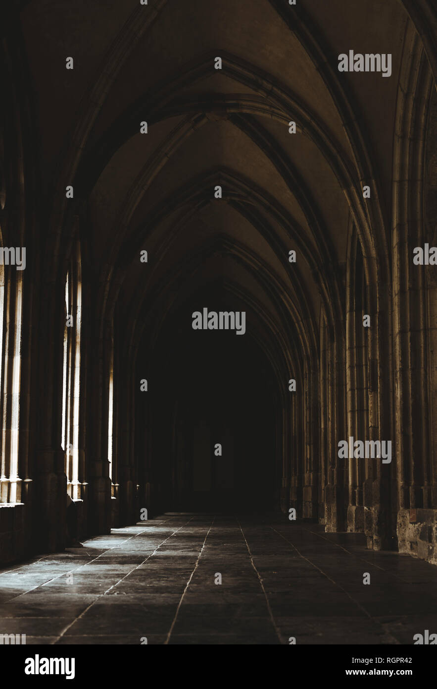 Beautiful big old hall with high columns and sunshine through windows ...