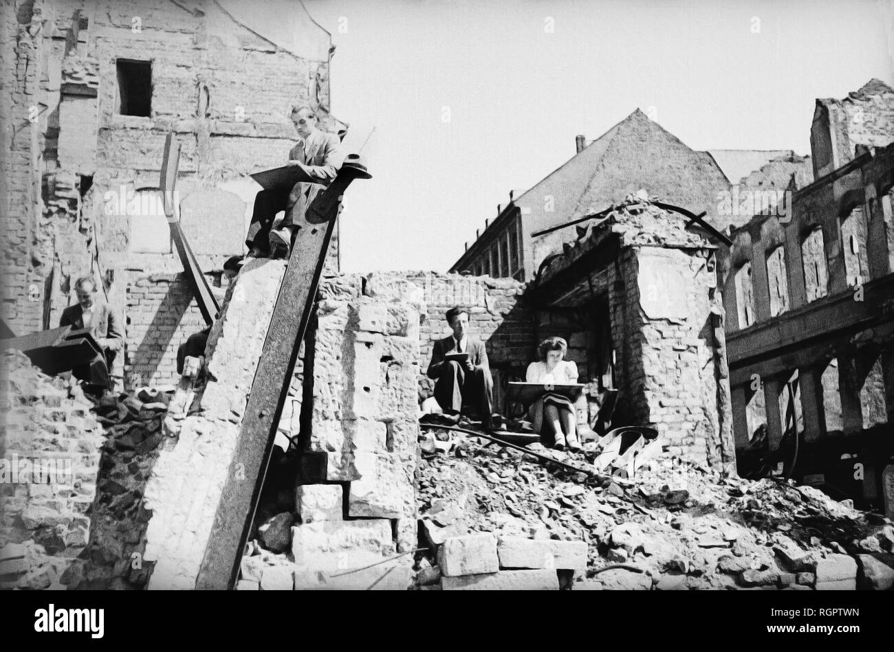 Students drawing between the ruins, 1947, Leipzig, Saxony, GDR, Germany ...