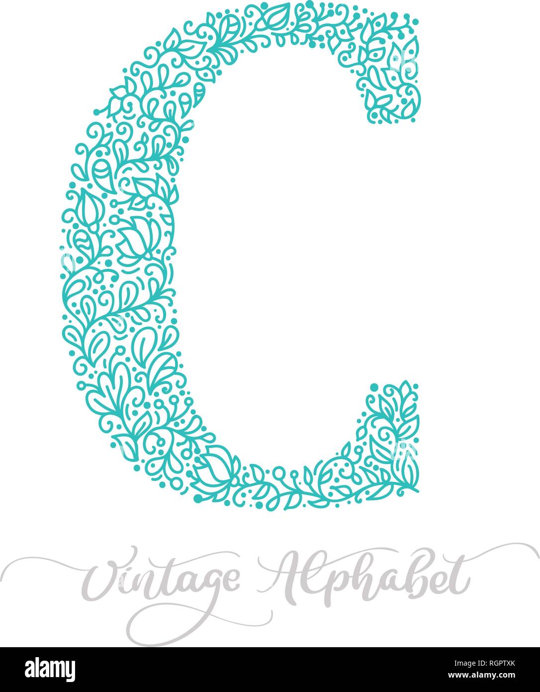Vector monoline Letter C Logo Concept Icon. Turquoise hand drawn ...