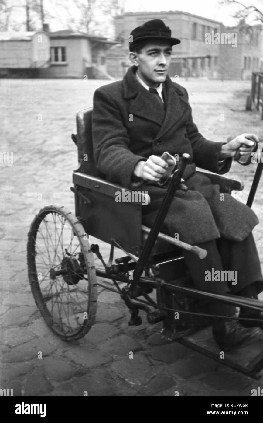 War invalid in self-propelled vehicle, 1947, Leipzig, Saxony, GDR ...