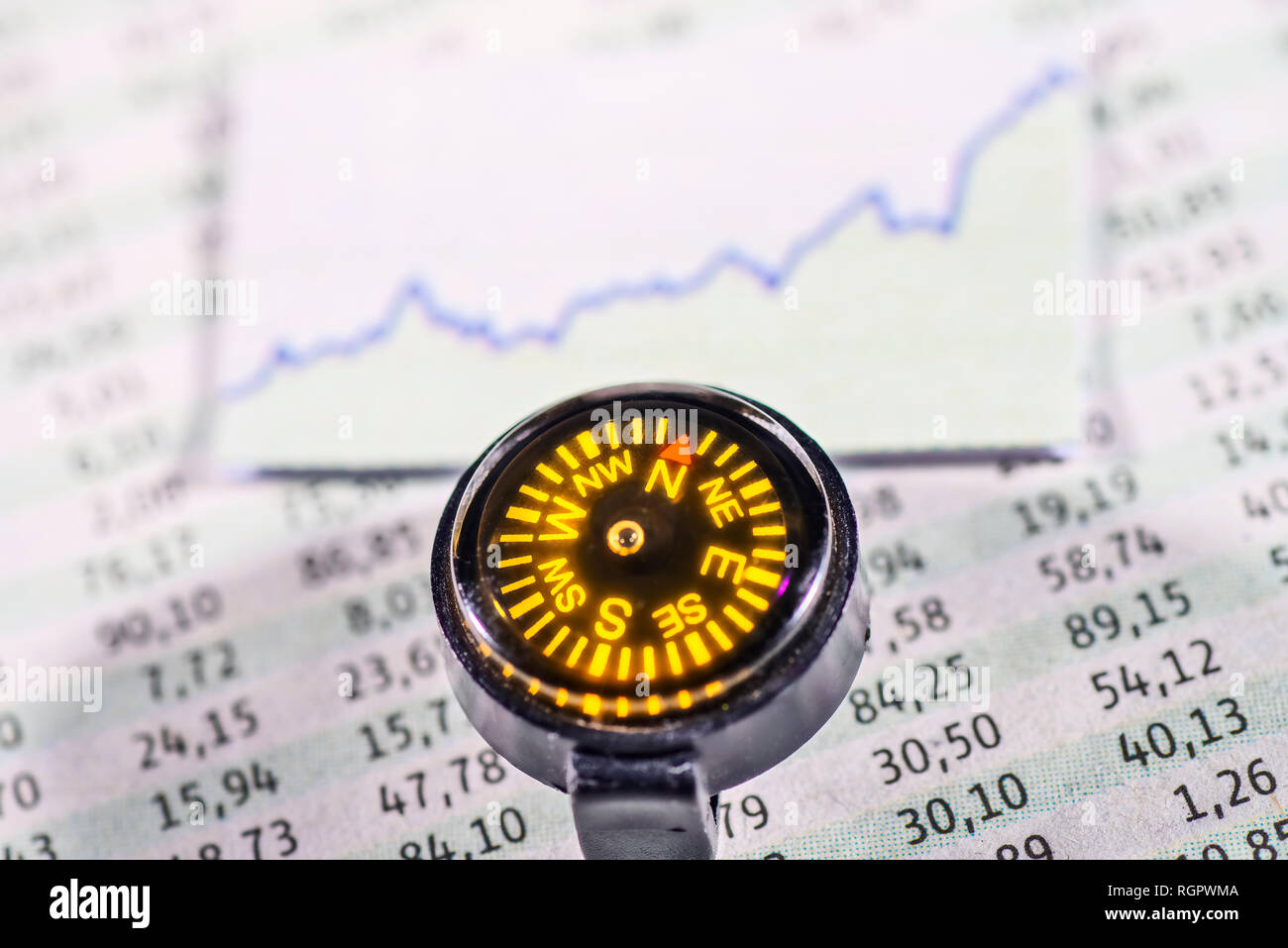 Needle of a compass points to the rising curve of a stock price Stock ...