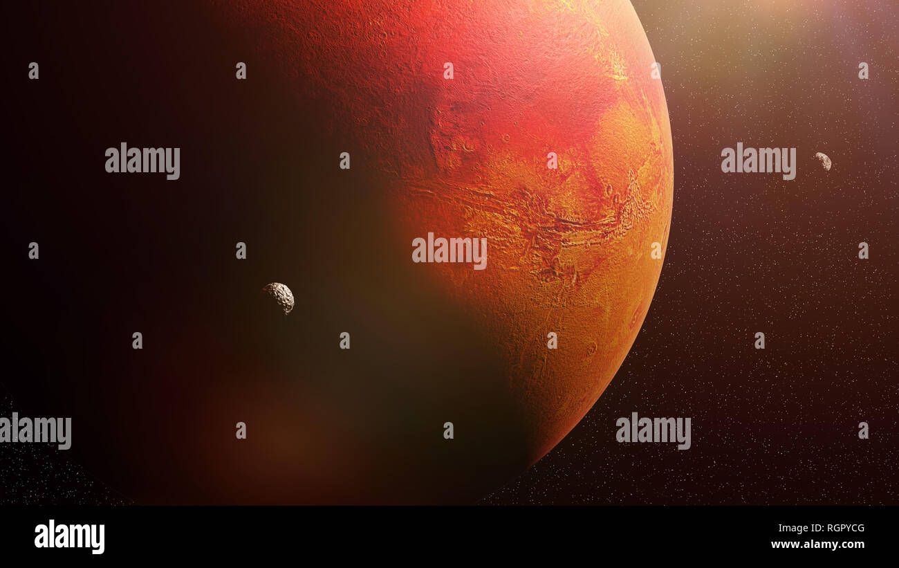 the red planet Mars with it moons Phobos and Deimos (3d space render ...