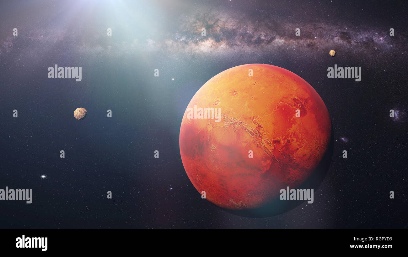 the red planet Mars and it moons Phobos and Deimos lit by the Sun and ...