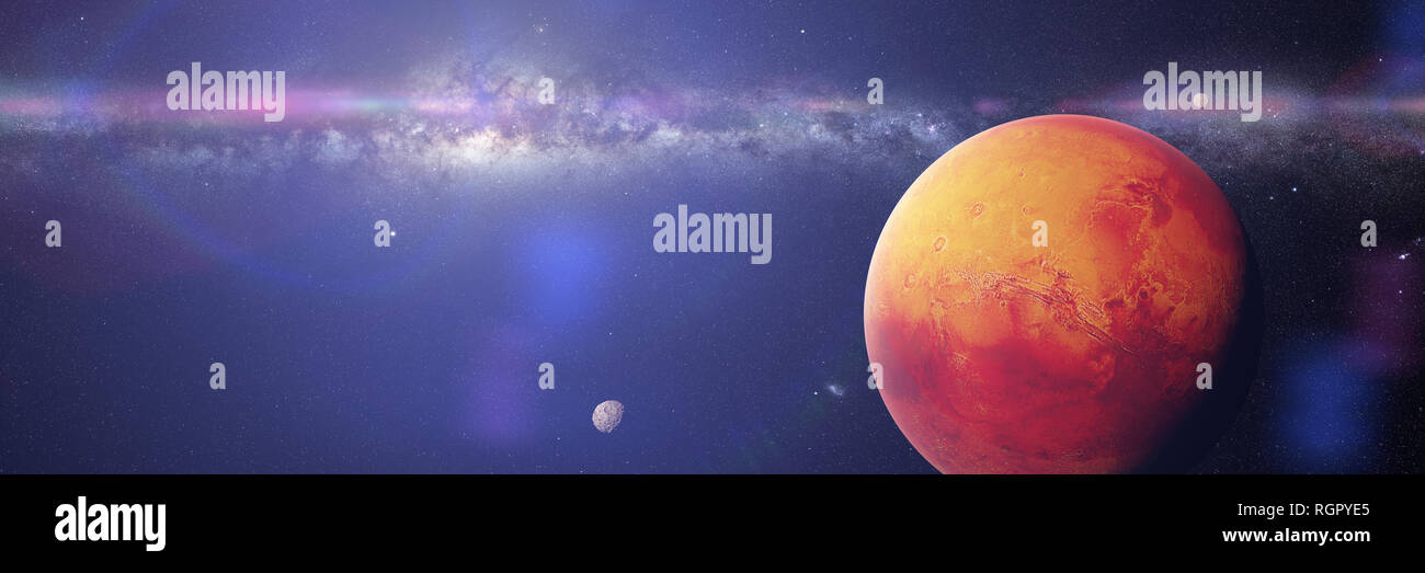 the red planet Mars with it moons Phobos and Deimos, part of the Milky ...