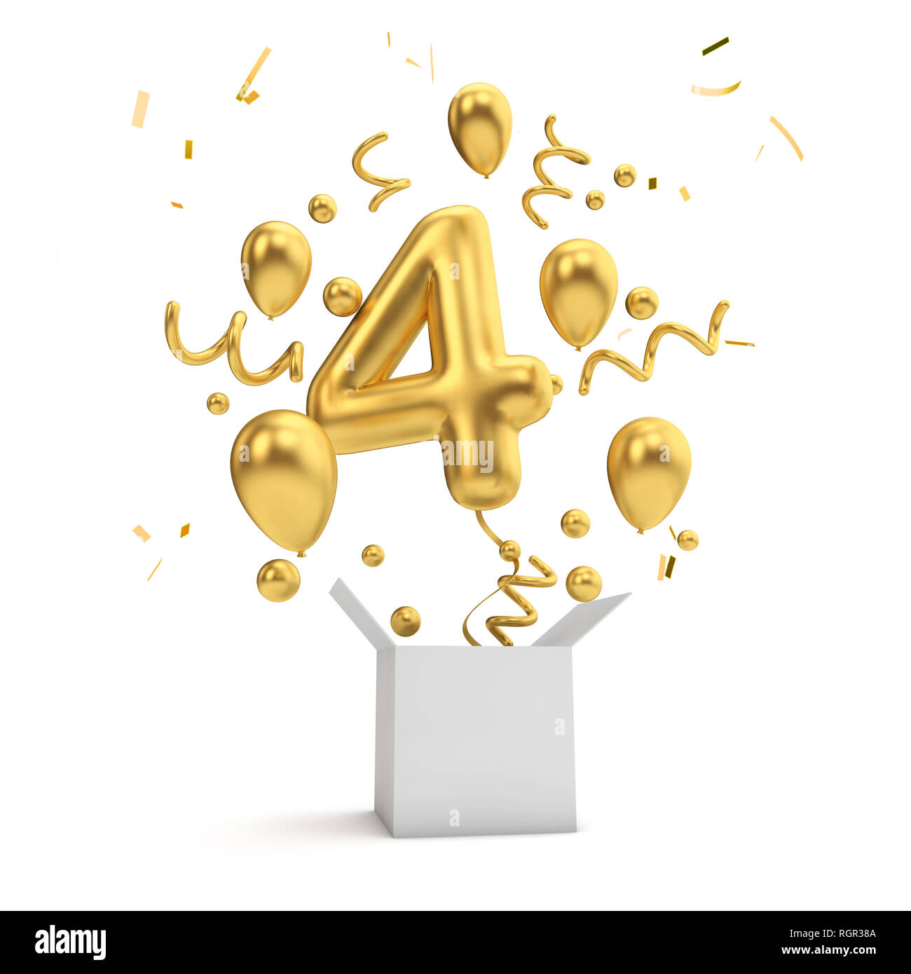 Happy 4th birthday gold surprise balloon and box. 3D Rendering Stock ...