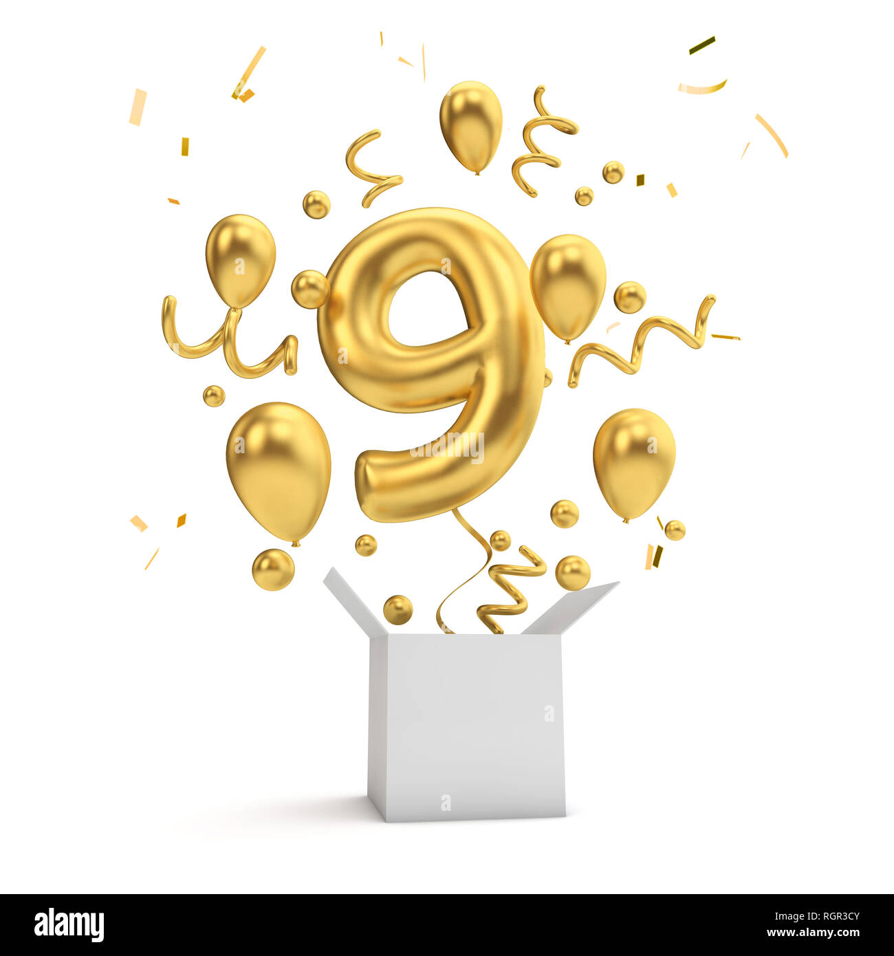 Happy 9th birthday gold surprise balloon and box. 3D Rendering Stock ...