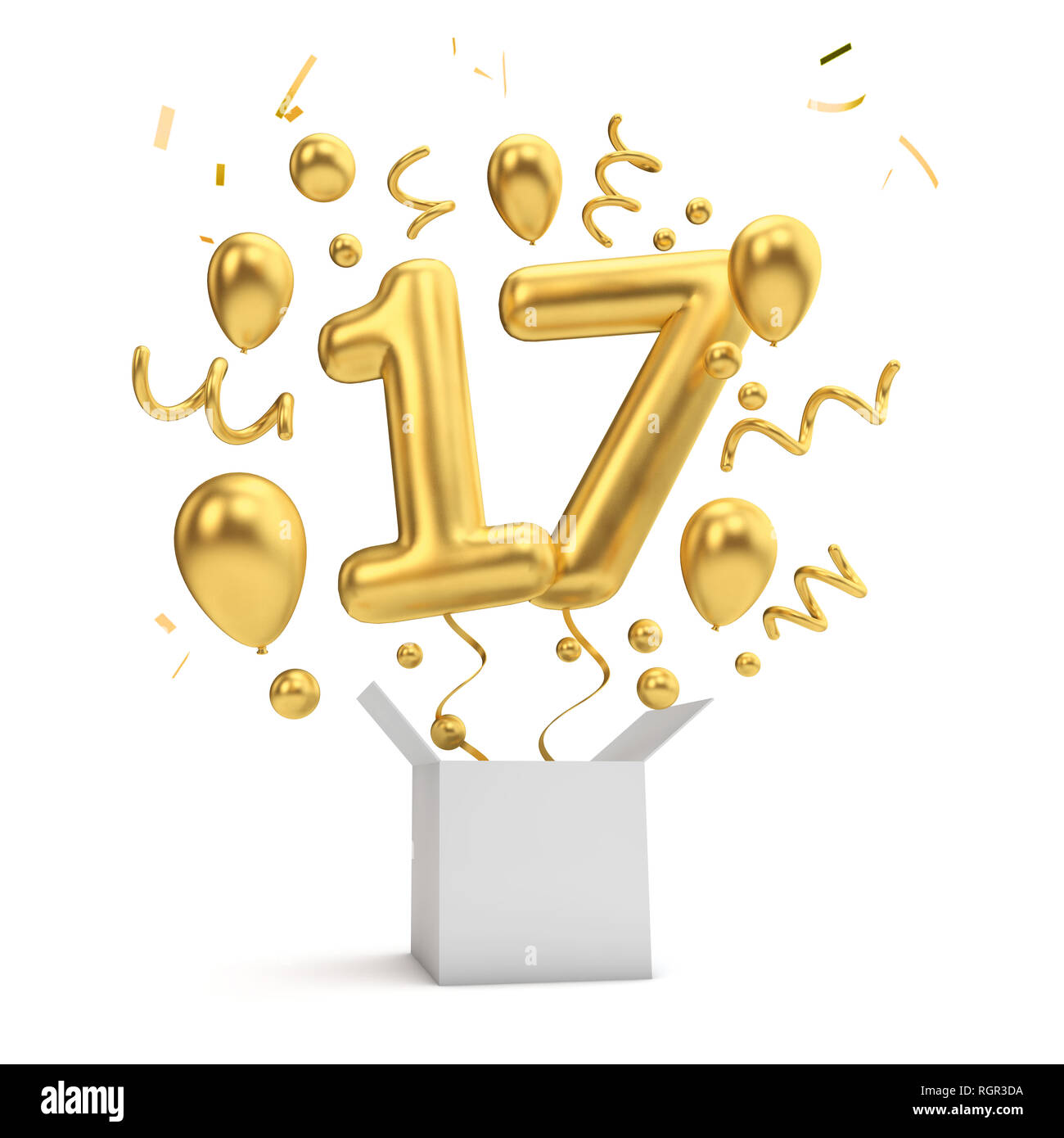 Happy 17th birthday gold surprise balloon and box. 3D Rendering Stock ...