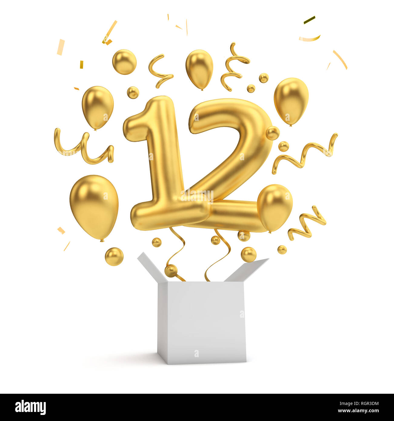 Happy 12th birthday gold surprise balloon and box. 3D Rendering Stock ...