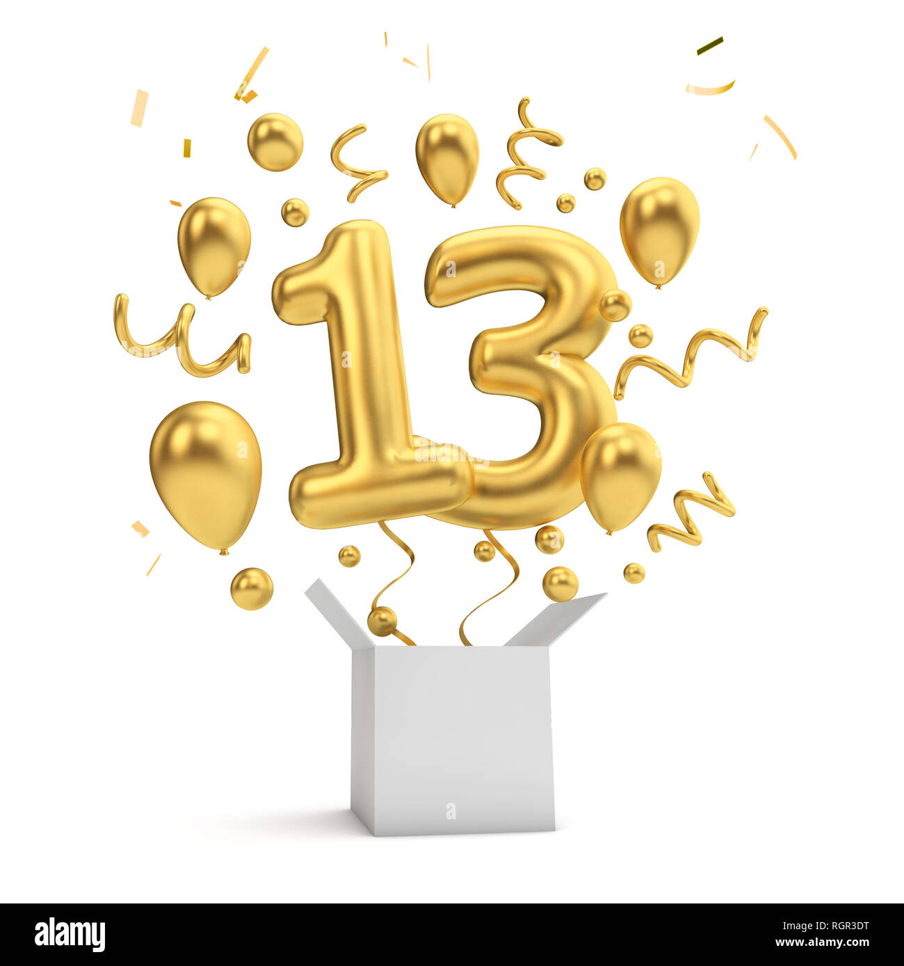 Happy 13th birthday gold surprise balloon and box. 3D Rendering Stock ...