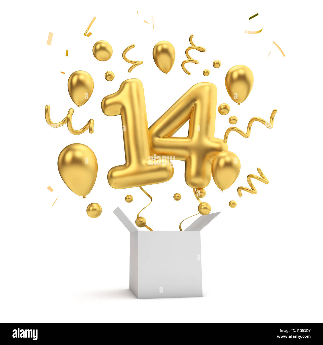 Happy 14th birthday gold surprise balloon and box. 3D Rendering Stock ...