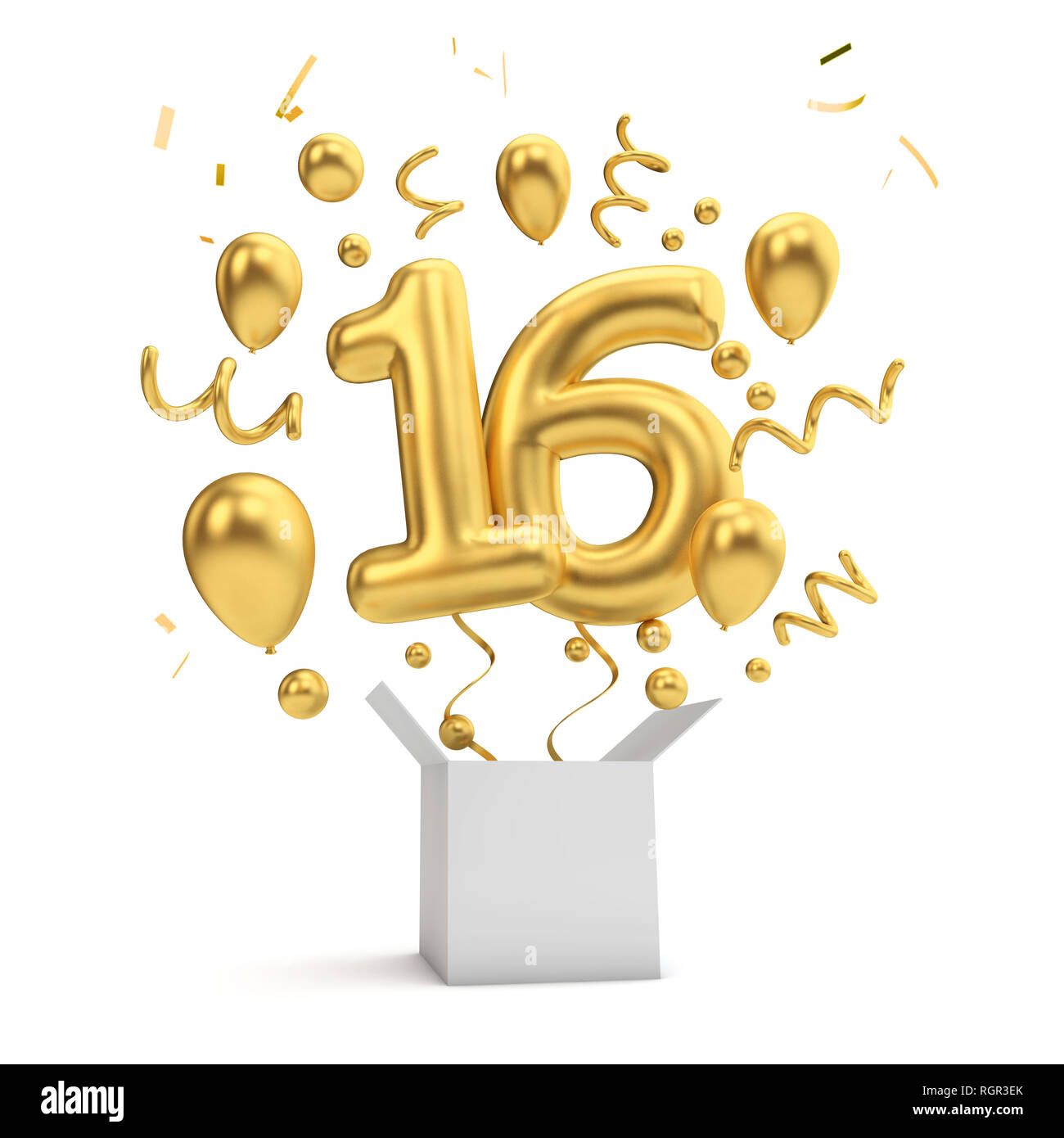 Happy 16th birthday gold surprise balloon and box. 3D Rendering Stock ...