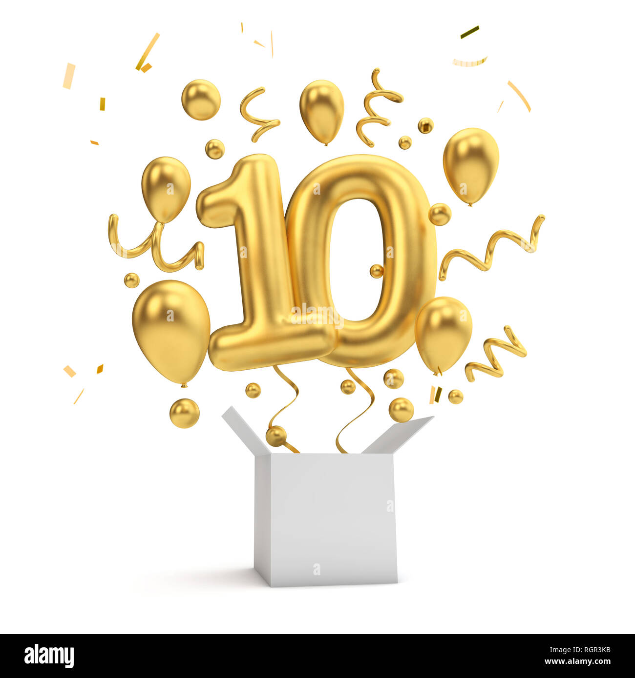 Happy 10th birthday gold surprise balloon and box. 3D Rendering Stock ...