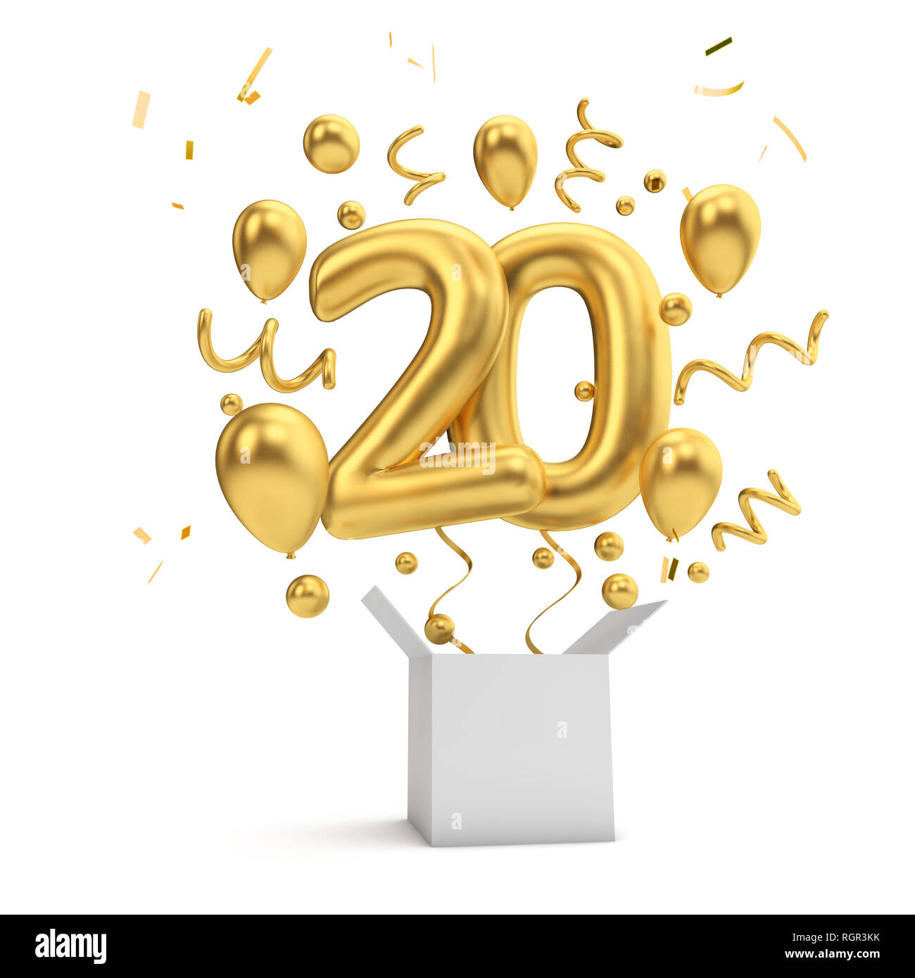 Happy 20th birthday gold surprise balloon and box. 3D Rendering Stock ...
