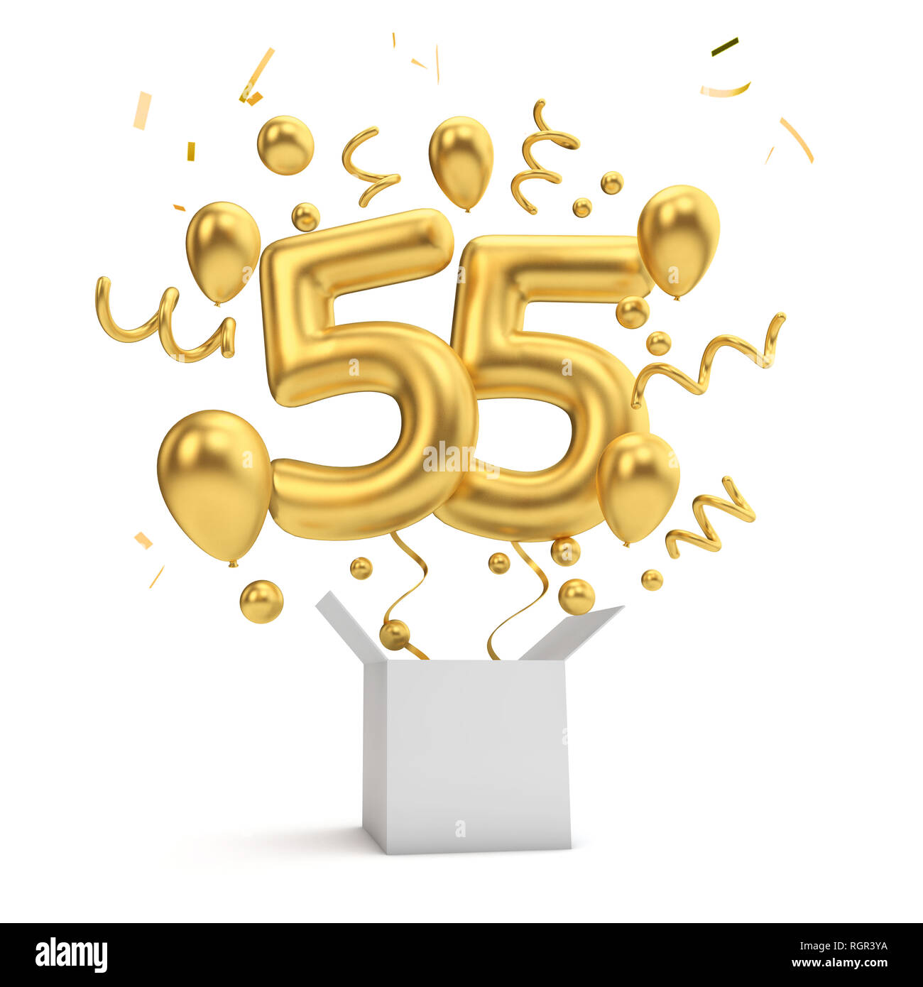 Happy 55th birthday gold surprise balloon and box. 3D Rendering Stock ...