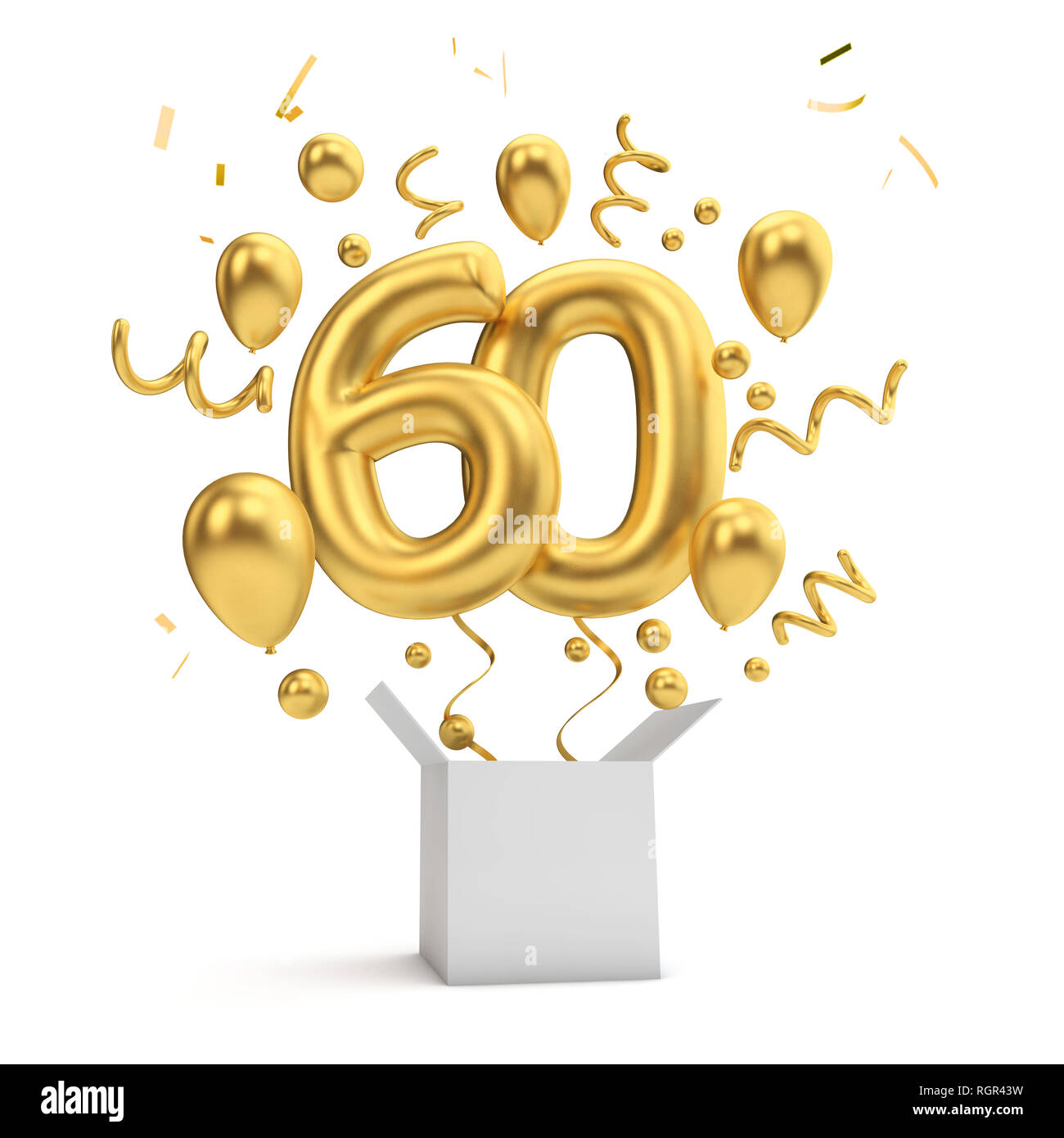 Happy 60th birthday gold surprise balloon and box. 3D Rendering Stock ...