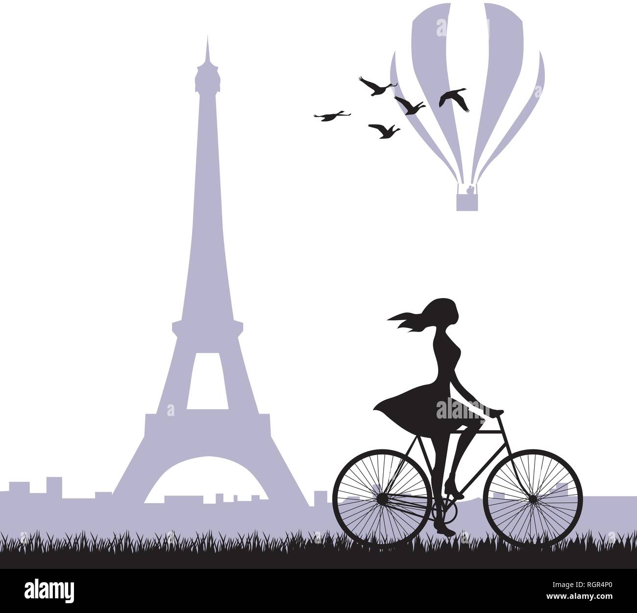 young woman riding bike with Eiffel tower in behind Stock Vector Image ...