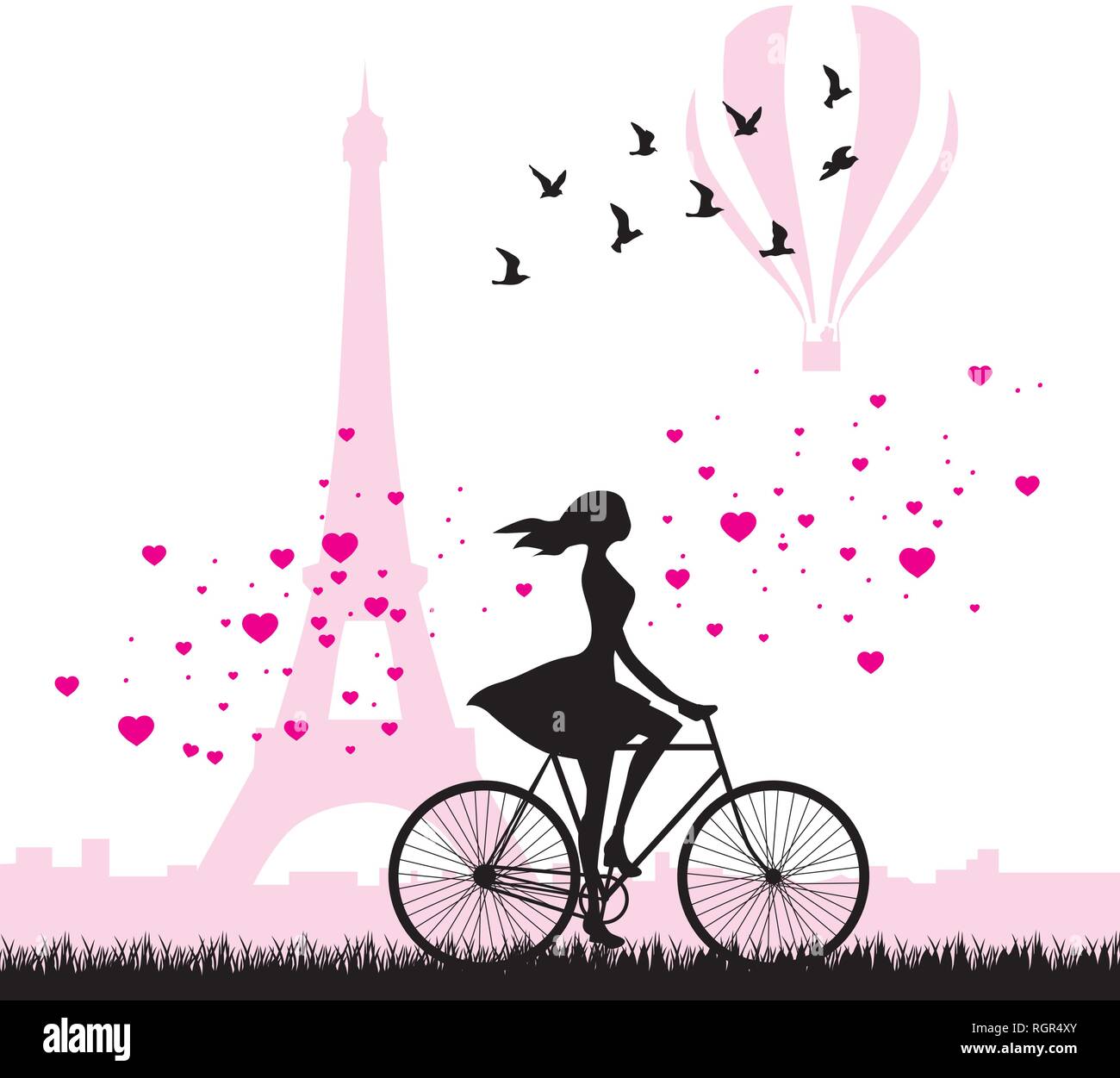 young woman riding bike with Eiffel tower in behind Stock Vector Image ...