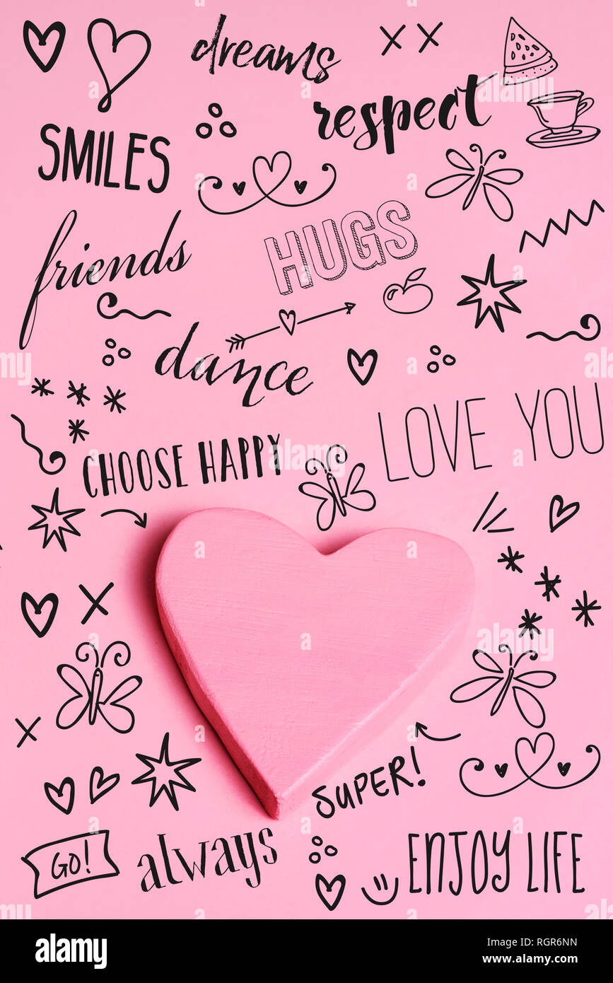 closeup of a pink heart and some different wishes and drawings on a ...