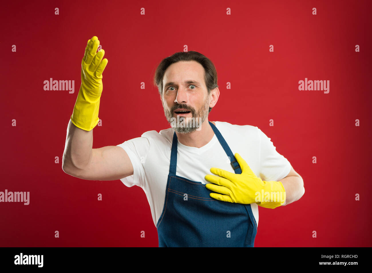 Cleaning day today. Bearded guy cleaning home. On guard of cleanliness ...