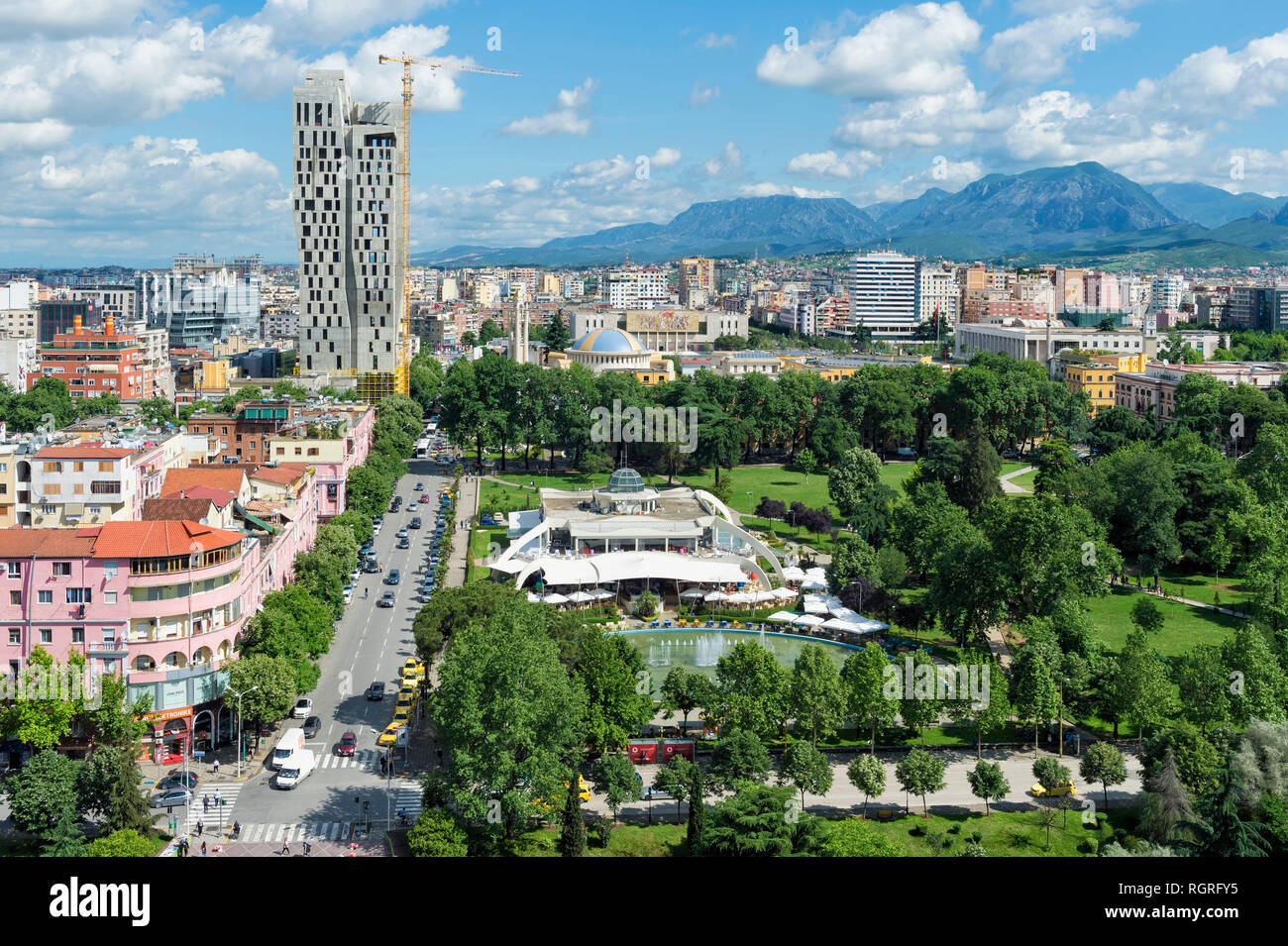 View over Tirana downtown, Rinia Park, Taivani center and new ...