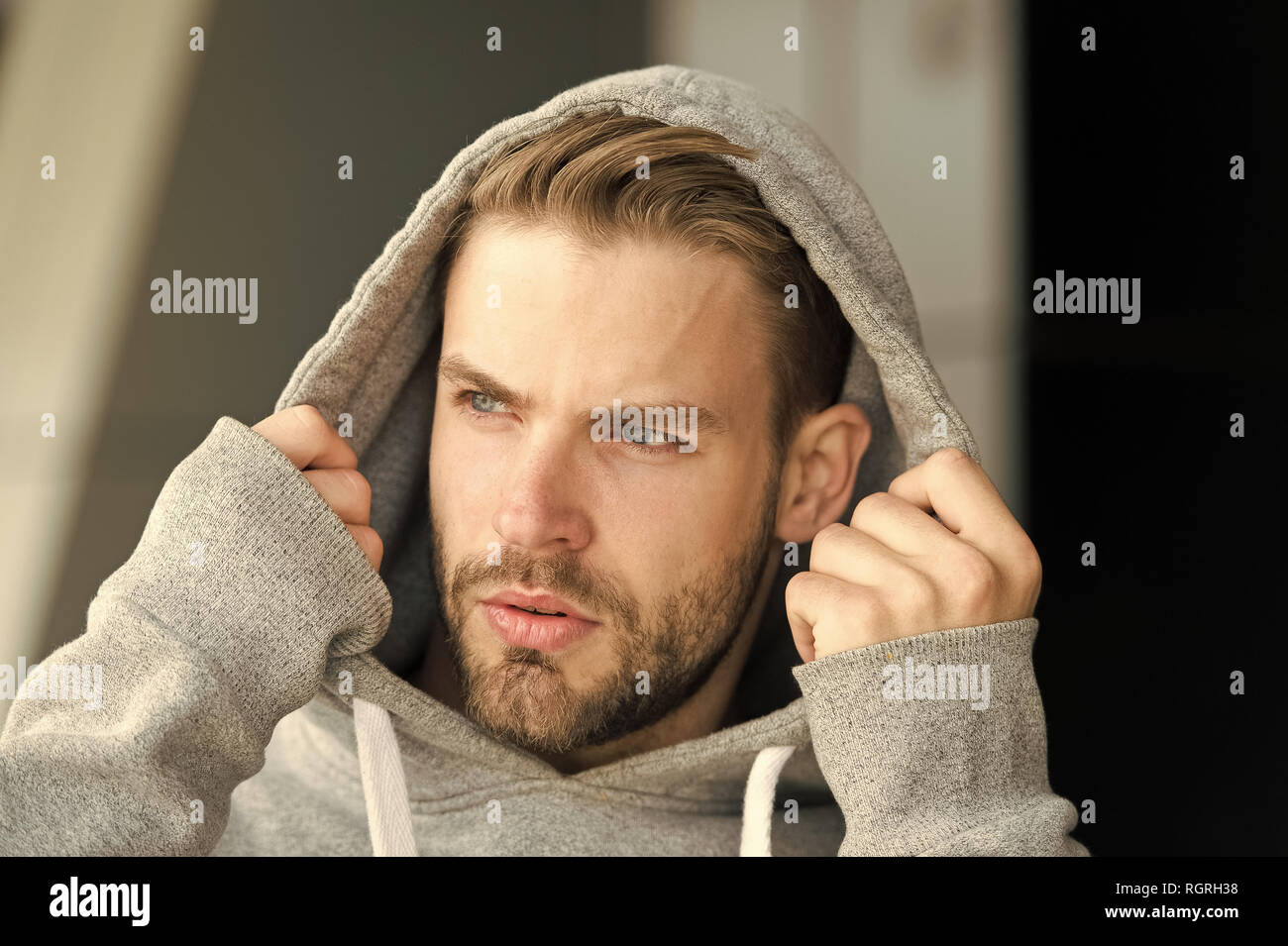 Guy bearded and attractive puts on hood. Masculinity concept. Man with ...