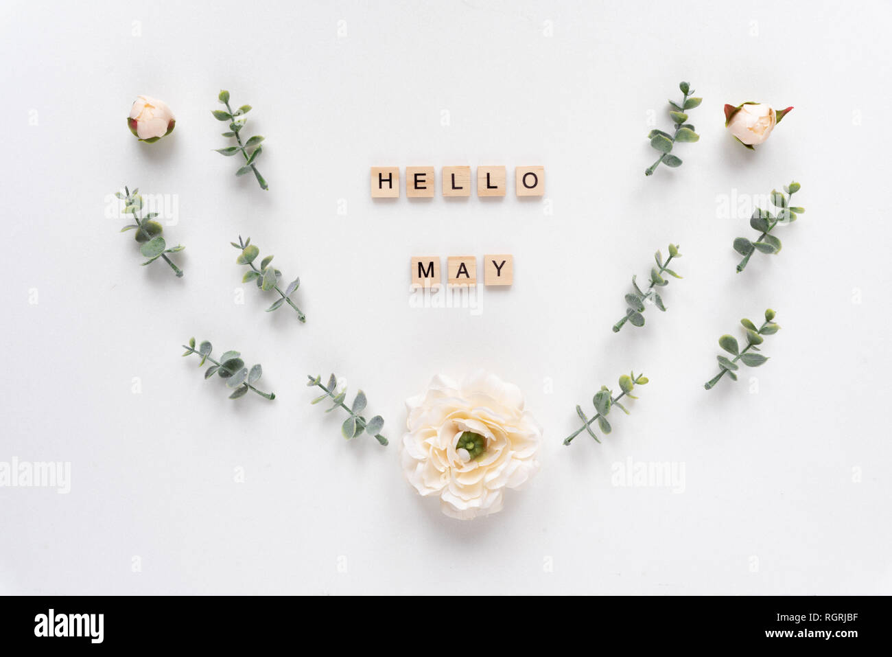 Hello May words on white marble background Stock Photo - Alamy