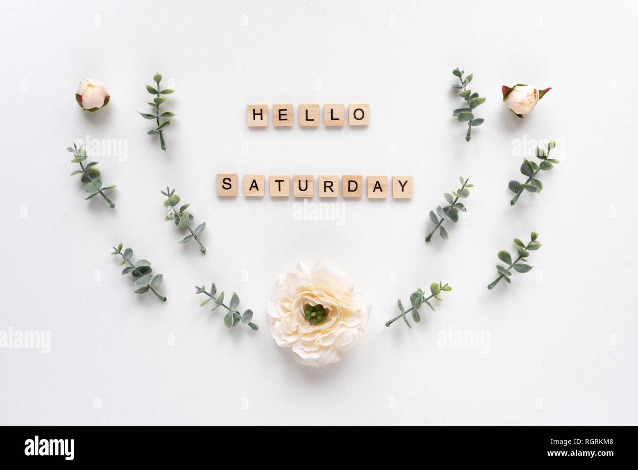 Hello Saturday words on white marble background Stock Photo - Alamy