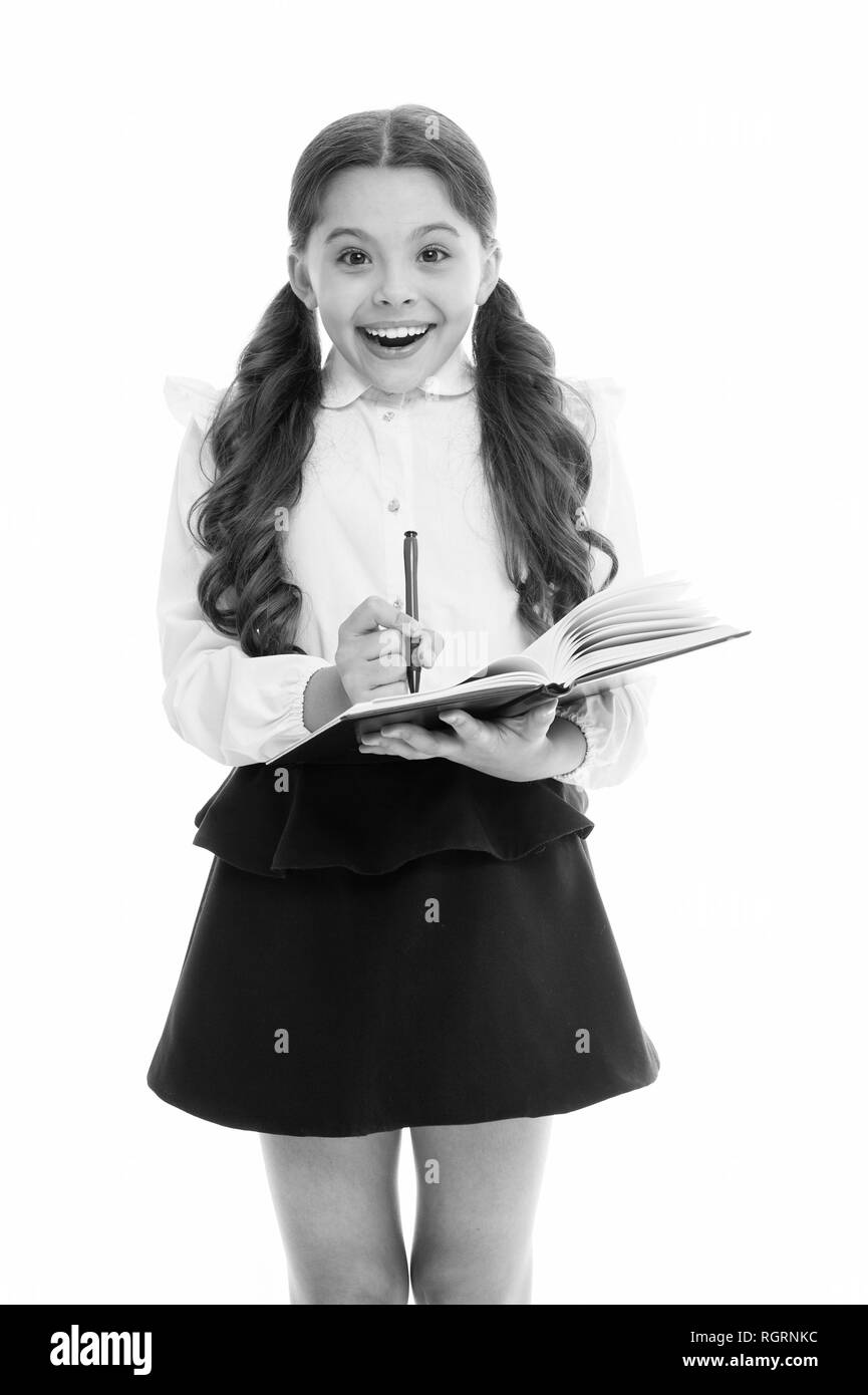 Write note to remember. Child school uniform smart kid happy make note ...