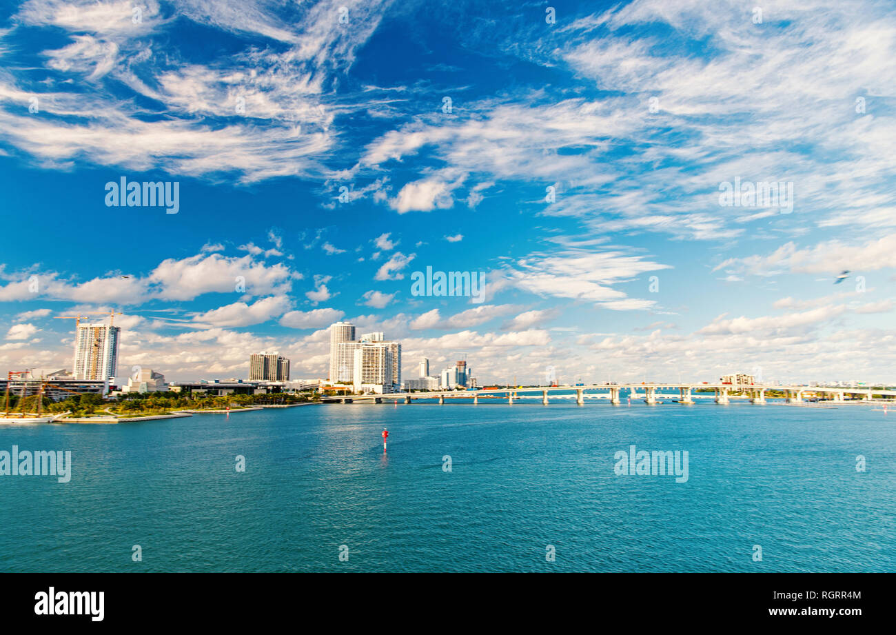 Skyscrapers of downtown district of miami usa on cloudy sky. Seascape ...
