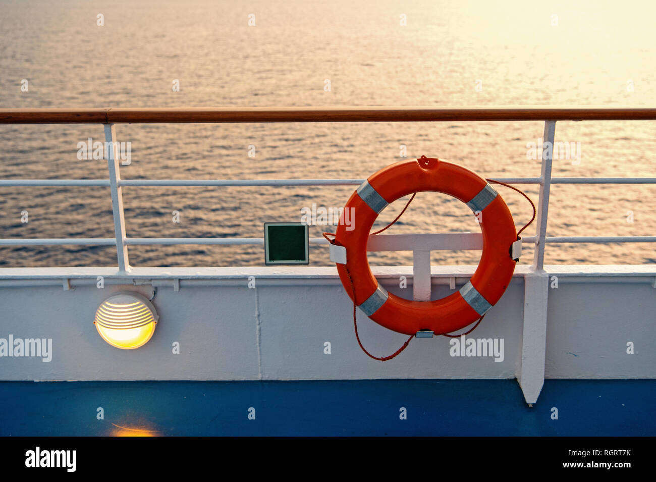 Buoy or lifebuoy ring on shipboard in evening sea in miami, usa ...