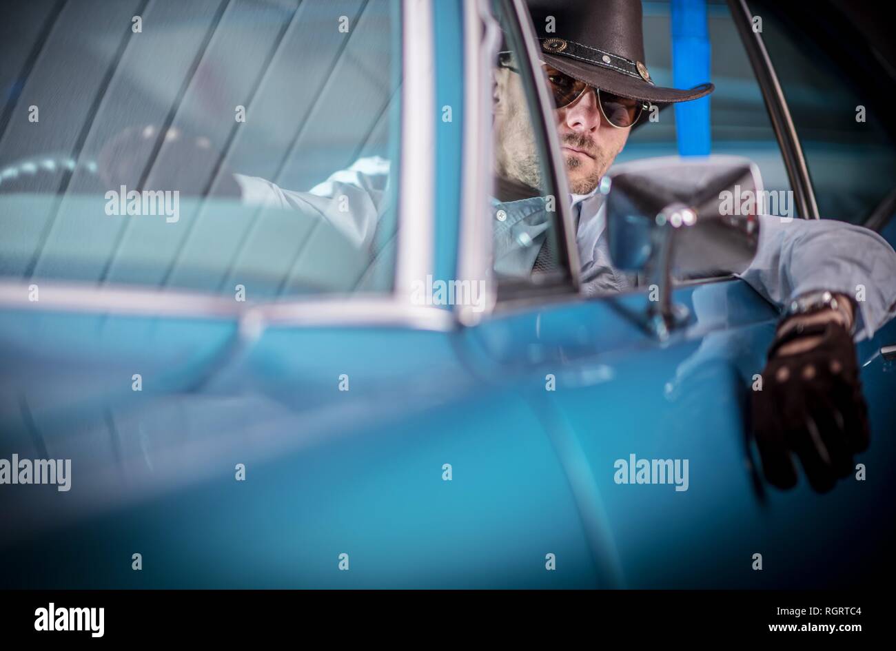 Automotive Concept. Caucasian Car Driver in His 30s Wearing Cowboy Hat ...