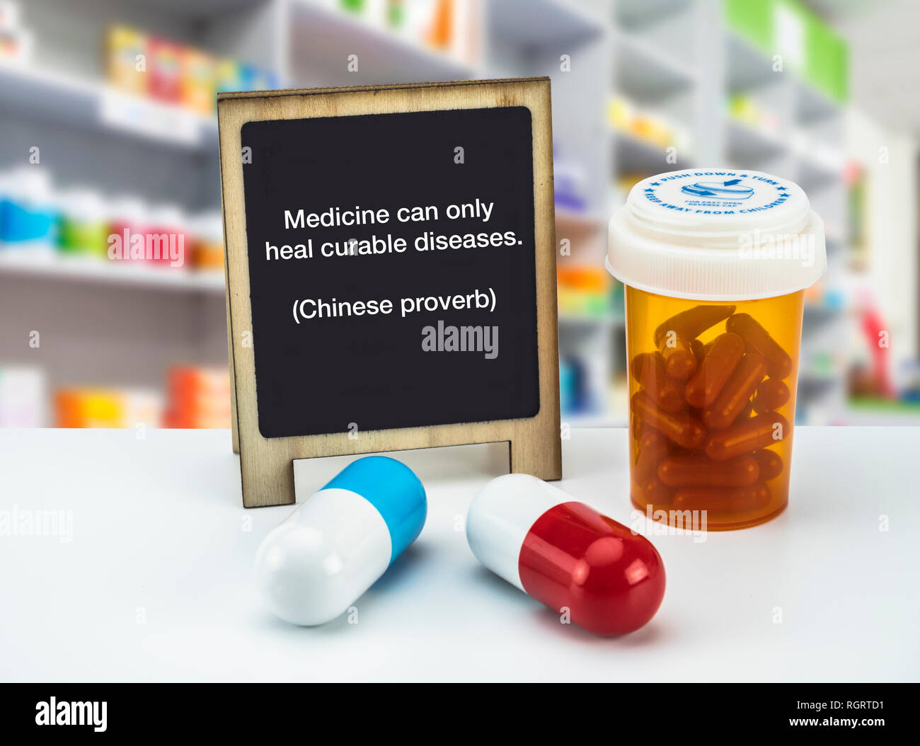 Informational Sign in a pharmacy, Medicine can only heal curable ...